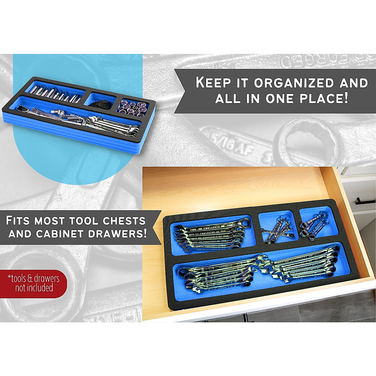 Polar Whale Tool Drawer Organizer Insert Blue and Black Durable Foam Strong Non-Slip Anti-Rattle Bin Holder Tray 20 x 10 Inches 4 Pockets Fits Craftsman Husky Kobalt Milwaukee and Many Others