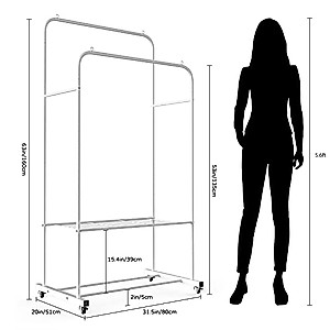 Metal Clothes Hanging Rolling Garment Rack with 2 Tier Shelves and Double Rod, Multi-Purpose Double Rail Standing Closet Storage Organizer, Upgrade Heavy Duty Rolling Pipe Coat Hanger for Boxes Shoes