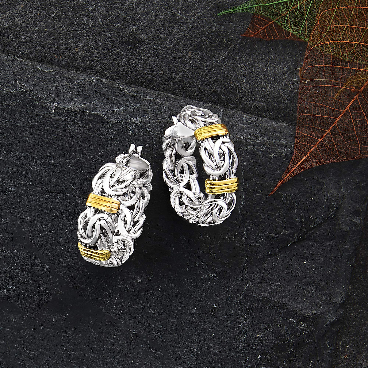 Ross-Simons Byzantine Station Hoop Earrings in Sterling Silver With 14kt Yellow Gold