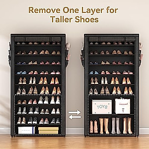 ROJASOP 10 Tier Shoe Rack with Covers,Large Capacity Stackable Tall Shoe Shelf Storage to 50-55 Pairs Shoes and Boots Sturdy Metal Free Standing Shoe Rack Organizer for Closet Entryway Garage Bedroom