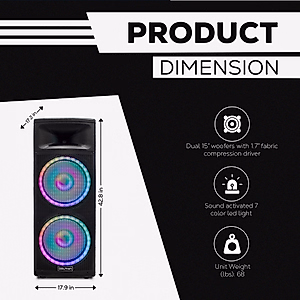 Dolphin SPX-280BT - Powerful DEEP BASS | Dual 15" Woofers, 6500W - Bluetooth Cabinet PA Speaker System with LED Light Show, Ground Shaker, Wireless Mic