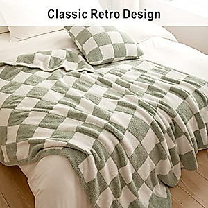Chic Throw Blankets with Checkerboard Plaid- Stretchy Fluffy Cozy Blanket Trendy Checkered Gingham Decor for Couch, Bed, Sofa(Throw Size 51"x 63", Sage Green)