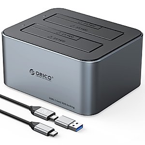 ORICO Hard Drive Docking Station, Aluminum Dual Bay USB C to SATA 3.0 6 Gbps HDD Docking Stations with UASP for 2.5 or 3.5 Inch HDD with 12V 3A Power Supply, 36TB Support, Gray (6626C3)