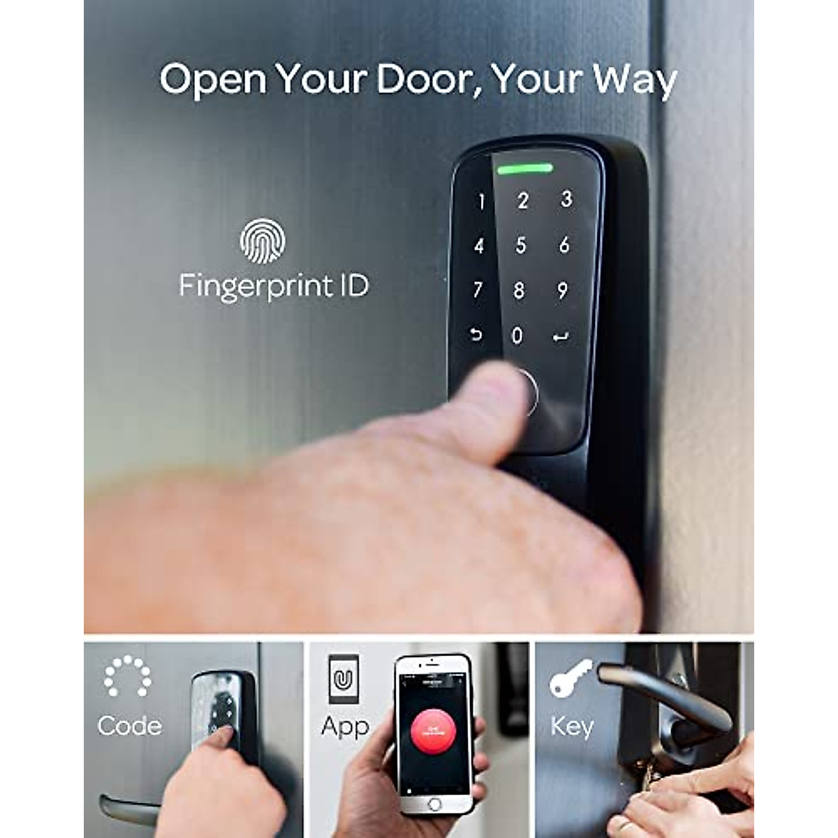 ULTRALOQ Latch 5 World's First Built in WiFi Smart Lock (Black) with Fingerprint ID, 5-in-1 Keyless Entry Electronic Door Handle with Bluetooth, Biometric Fingerprint and Touch Digital Keypad