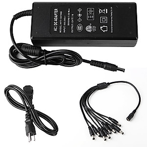 12V 7A CCTV Surveillance Video Power Supply Adapter + 1 to 8 Power Splitter & 110~240V AC 2.1mm Plug for Security Camera，LED Strip Light