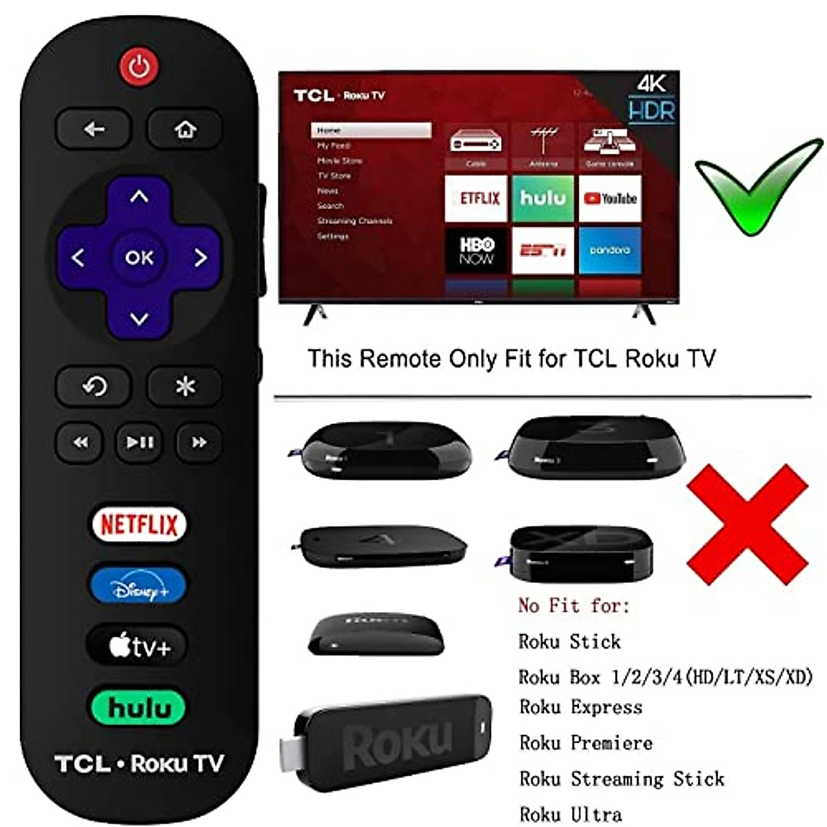 Amtone RC280 OEM Replacement Universal TV Remote Control Compatible with All TCL Roku TVs. 【Only Works with Roku TVs, Not for Roku Stick and Roku Box】 (Netflix/Disney/AppleTV/Hulu)