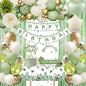 Sage Green Birthday Decorations, Green Gold Balloons Birthday Party Decorations Happy Birthday Banner Green Fringe Curtain Tablecloth Birthday Crown Sash Paper Pom Poms for Girls Women Birthday Decor