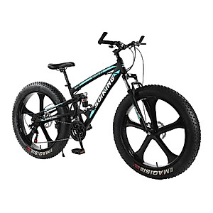 Fat Tire Mountain Bike, 26'' 21 Speed Outdoor Snow Beach Hybrid MTB Racing Bikes for Adult Women Men, Comfort Complete Cruiser Bicycle, Lightweight City Commuter Road Cycling, Dual Disc Brakes (I)
