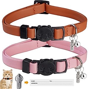 WROSWT Upgrade Breakaway Cat Collar with Bells, Soft Leather Kitten Collars with Name Tag,Safety Adjustable Buckle,Lightweight,Ideal for Girl Boy Cats,Puppies,2 Pack (Pink+Orange)