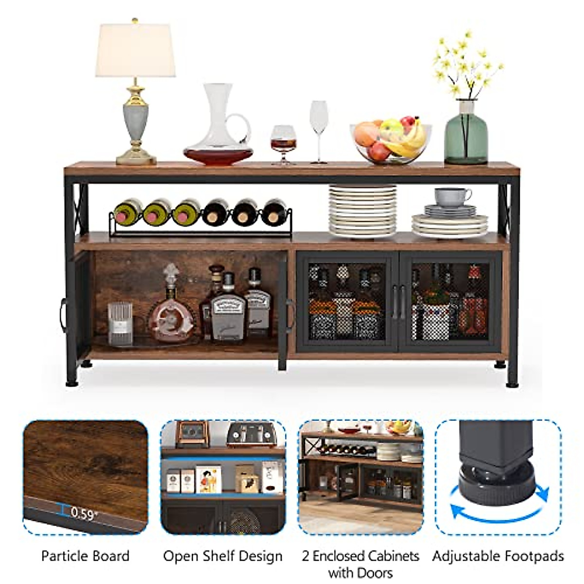 Tribesigns Buffets & Sideboards Buffet Table Bar Cabinet with 4 Mesh Doors, Farmhouse Buffet Cabinet Bar Sideboard with Storage Open Shelf, Wood Kitchen Buffet Storage Cabinet for Dining Room