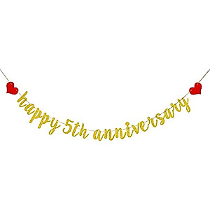 AonBon Gold Happy 5th Anniversary Banner, for 5th Anniversary Party Decoration, 5th Wedding Anniversary Party Decoration Photo Props
