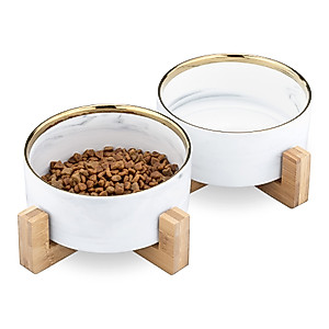 Navaris Ceramic Pet Bowls with Stand (Set of 2) - 6.2" Diameter Cat Dog Bowl Food Dish Set with Gold Rimmed Marble Pattern and Bamboo Stands