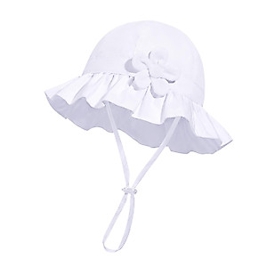 Baby Girl Wide Brim Bucket Hats with UPF 50+ Outdoor Adjustable Beach Hat with Sun Hat(0-6 Months,White-Petal)