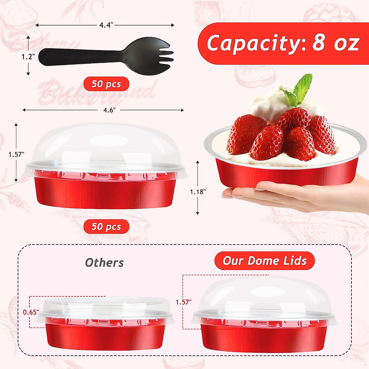 LNYZQUS 8oz Mini Cake Pans 4” Pie Tins with Lids 50 Pack, Disposable Aluminum Foil Baking Pans Dishes,Small Creme Brulee Tart Ramekins Individual Mini Pie Contaniers for Christmas-Red