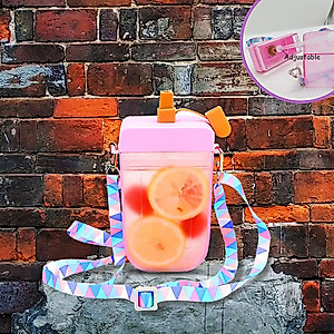 AGUDOU Cute Water Bottles with Straw, Sports Popsicle Water Bottle with Adjustable Shoulder Strap, Creative Portable Ice Cream Popsicle Cup for School Kids Girls Drinking Bottles Camping (pink)