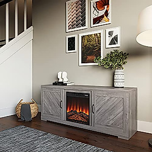 BELLEZE Modern 58 Inch Farmhouse TV Stand with 18 Inch Electric Fireplace & Media Entertainment Center Console Table for TV up to 65 Inch with Storage Cabinets and Infrared Heater - Hilo (Gray Wash)