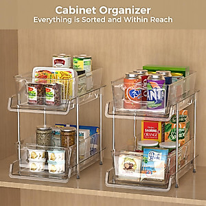 Delapuwea 2 Tier Clear Organizer with Dividers, Multi-Purpose Pull Out Cabinet Organizer, Bathroom Vanity Counter Drawer Organizers, Under Sink Organizer, Kitchen Pantry Cabinet Medicine Bins, 2 Set
