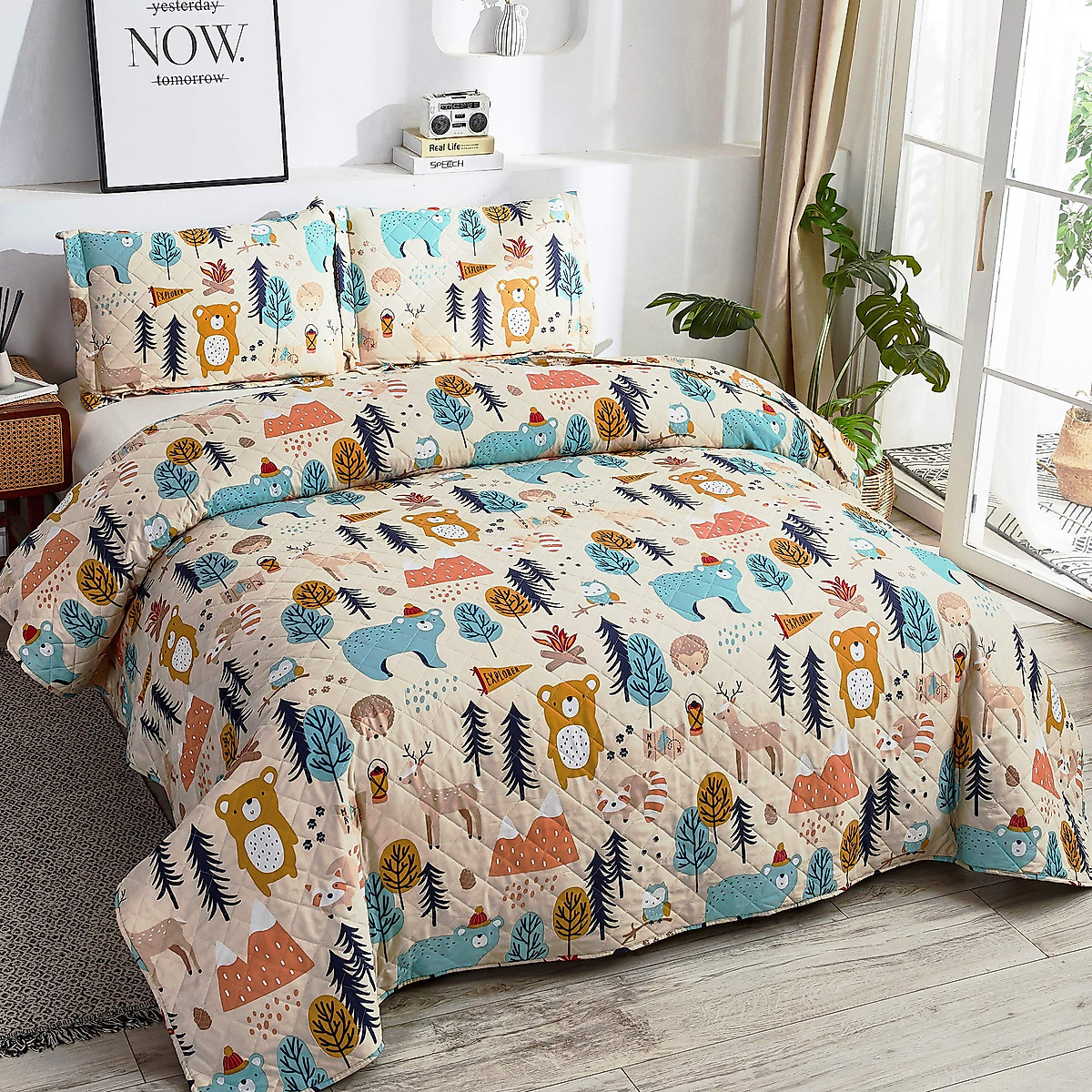 Quilt Set Queen Bedspread Coverlet Kids Queen Quilts Cartoon Bear Quilt Bedding Kids Quilt Bedspread Forest Animal Bear Print Kids Quilt Collection Home Lightweight Bedding Reversible Boys Coverlet