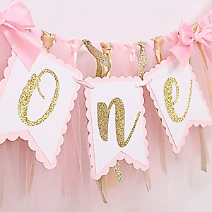 Highchair Banner 1st Birthday Girl - Tulle And Ribbon Banner For First Birthday, Cake Smash Photo Prop, Party Supplies (Pink)