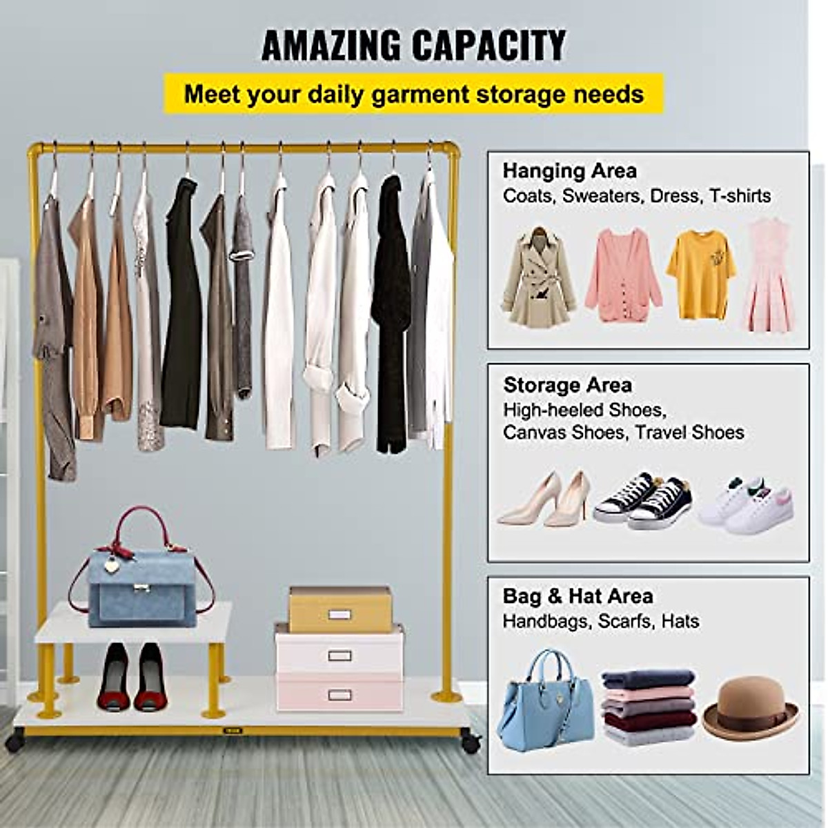 VEVOR Clothing Garment Rack, 47.2"x14.2"x63.0", Heavy-duty Clothes Rack w/Bottom Shelf & Side Shelf, 4 Swivel Casters, Sturdy Steel Frame, Rolling Clothes Organizer for Retail Store Boutique, Gold