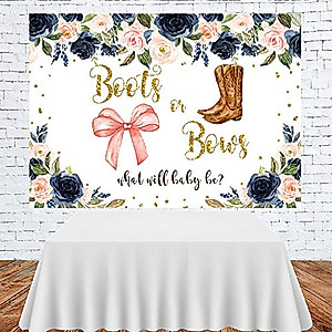 Lofaris Boots or Bows Gender Reveal Photography Backdrop He or She Baby Shower Background Navy Blue Floral What Will Baby Be Newborn Baby Party Decorations Cake Table Supplies Banner 7x5ft
