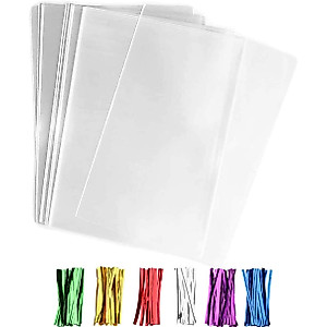 Somioco100 pcs Clear 7 * 12in Cello Cellophane Bags Poly Treat Bags 1.5Mil for Gift Wrapping, Bakery, Cookie, Candies, Toast, Dessert, Party Favors Packaging with Color Twist Ties