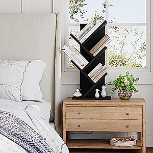 YMYNY 4 Tiers Tree Bookshelf, Floor Standing Bookcase, Wooden Book Storage Organizer, Small Bookshelf for Bedroom, Living Room, Office, Display Rack for CDs/Magazine/Books, Black, 23.6" H, UHBC014B