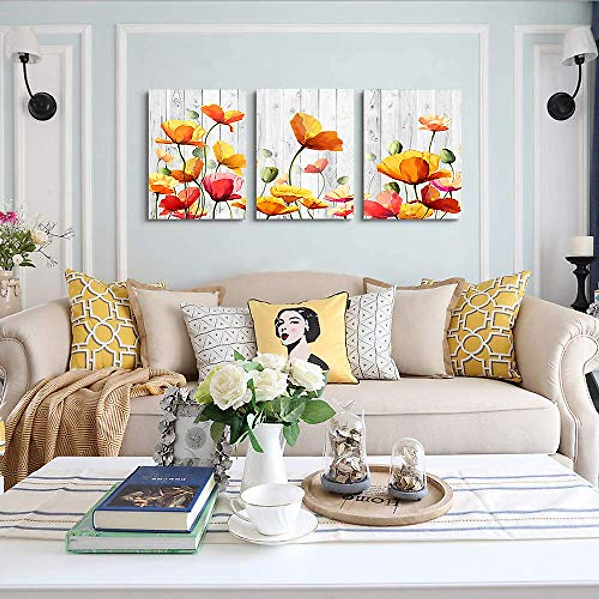Bedroom Decoration kitchen Wall Artworks Canvas Wall Art for Living Room, 3 piece bathroom Wall decor Yellow flowers Watercolor painting posters Pictures office restaurant wall painting Home decor