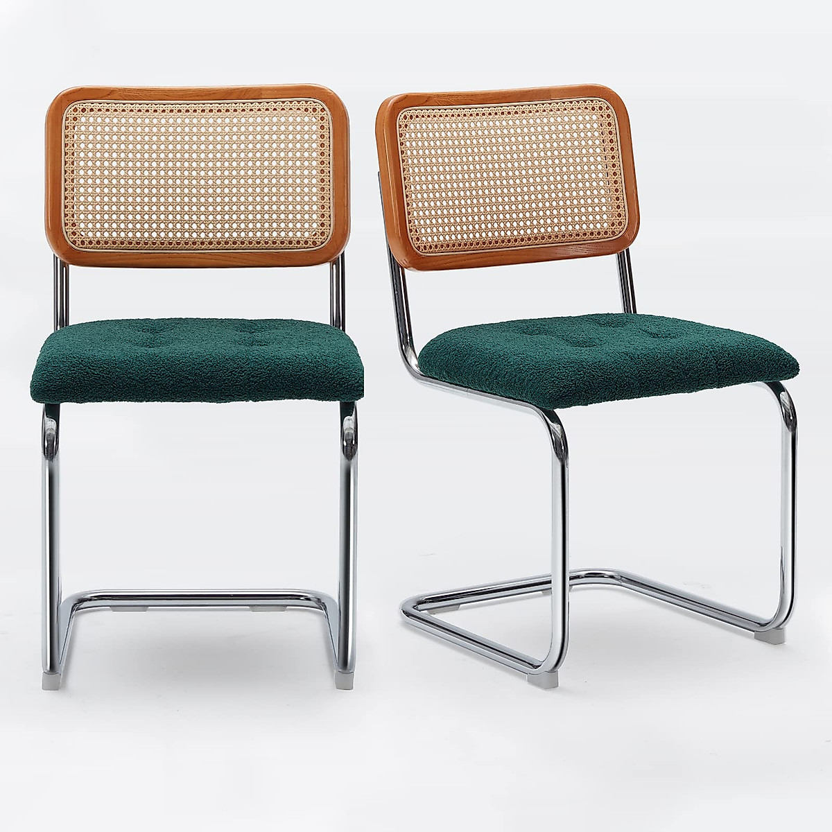 Farini Kitchen Dining Chairs Set of 2,Mid-Century Modern Chair Armless Mesh Backrest Cane Rattan Chairs for Home Dining Room(Dark Green,Teddy Velvet)