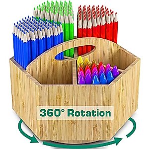 Bamboo 360° Colored Pen Pencil Holder Organizer - Darfoo Spinning Art Supply Organizer for Desk with 6 Large Compartment and Easy-carry Handle, Desk Organizer for Office Supplies, Home and School