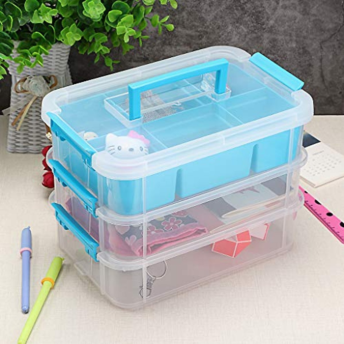 JUXYES 3-Tiers Stack Carry Storage Box With Divided Tray, Transparent Stackable Storage Bin With Handle Lid Latching Storage Container for School & Office Supplies (Blue)