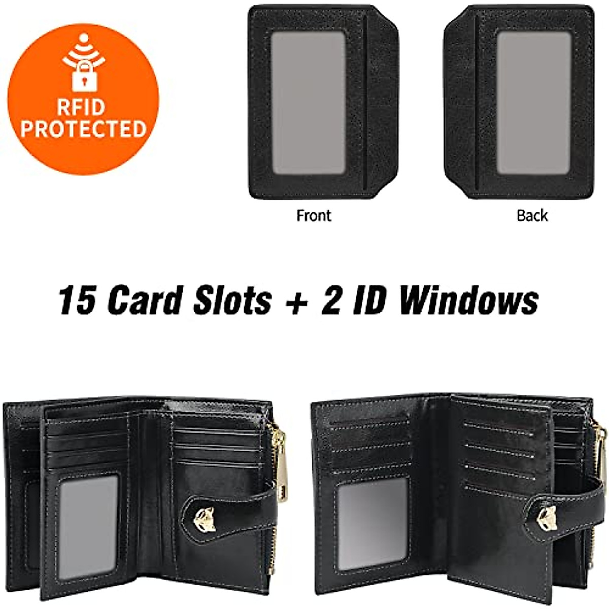 FOXLOVER Small Leather Wallets for Women Ladies RFID Blocking Bifold Zipper Pocket Wallets with ID Window (Black)