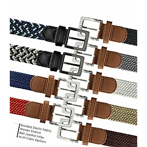 Braided Elastic Stretch Belt Casual Weave Canvas Fabric Woven Belt 1-3/8" Wide, 2 Count (Black/Blue/Navy- Black/Gray/White, L)