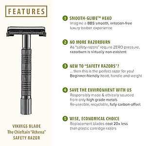 VIKINGS BLADE Safety Razor for Women + 5 Swedish Steel Blades. Quick Release Head, Double Edge. Smooth, Reusable, Eco-Friendly (Model: Athena)