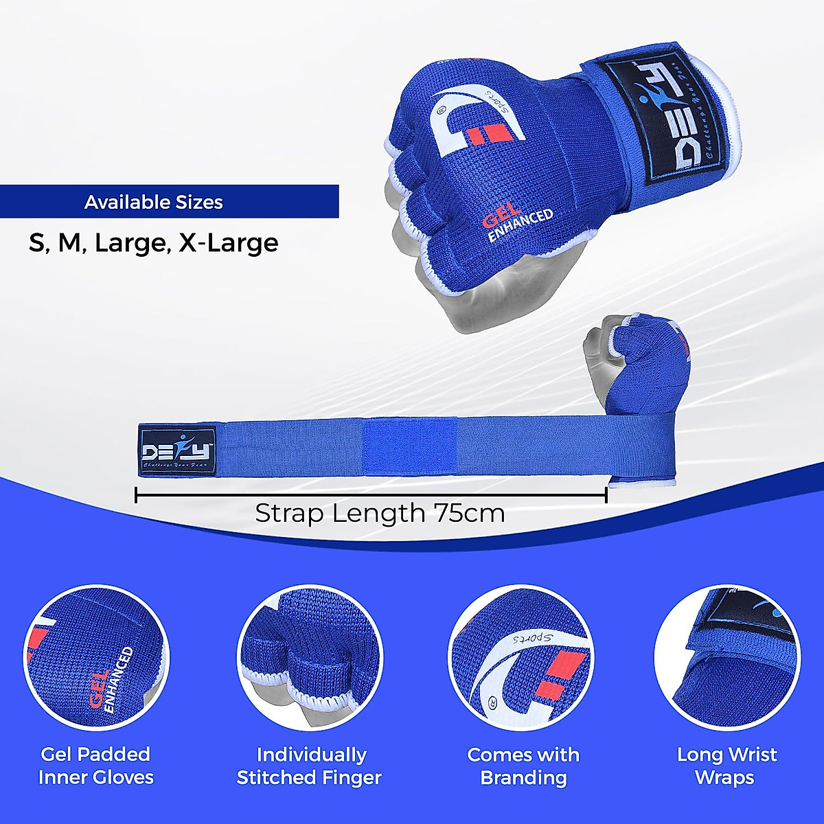 DEFY Padded Inner Gloves Quick 75cm long strap – Inner boxing gloves Gel padded knuckle protection – Elasticated boxing hand wraps for MMA Muay Thai Kickboxing Martial Arts Pair (Blue, Large)
