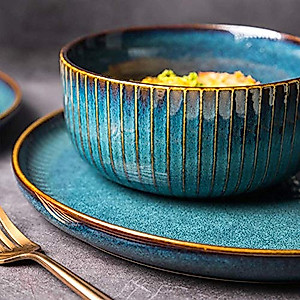 Kitchen DinnerwareFine Dinnerware Set,Porcelain Dinnerware Set, Ceramic Plates and Bowls Sets, Modern Creativity Vintage Lounge Round Reactive Glaze Stoneware Dishes Set for Kitchen/Dining, Blue,Serv