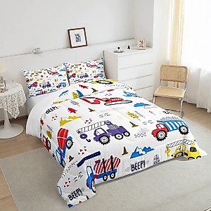 Kids Construction Truck Comforter Twin Size Boys Cartoon Cars Bedding Set Machinery Excavator Tractor Equipment Comforter Set 2Pieces Cute Vehicles Red Blue Yellow Quilt with 1 Pillowcase Boys