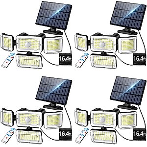 CLAONER Solar Outdoor Lights Motion Sensor 3500LM 288 LED Solar Security Lights with Remote Control IP67 Waterproof 4 Heads Solar Flood Lights with 16.4ft Cable 4 Modes Solar Wall Lights(4 Pack)