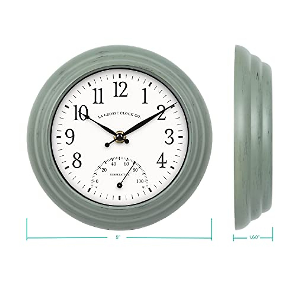 La Crosse Clock 433-3020 8-inch Indoor/Outdoor Sage Green Quartz Wall Clock with Temperature