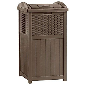 Suncast GHW1732 15.75" x 16" x 31.6" Trashcan Hideaway Outdoor Commercial 33 Gallon 31.6" Resin Garbage Waste Bin with Lid in Brown for Garage, 2 Pack