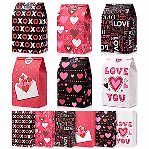 Whaline 48Pcs Valentine's Day Paper Gift Bags Bulk Hearts Love Paper Party Favor Bags with Stickers Pink Black Goodie Candy Bags for Wedding Anniversary Snack Cookie Wrapping Supplies