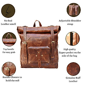 Erangle Men Genuine Leather Laptop Backpack Rucksack Shoulder Roll on Vintage Travel Bag Brown (Brown, 14” (L) x 24” Open (H) – 16” Rolled x 4” (W))