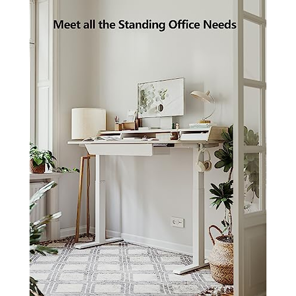 BANTI 55 x 24 Inch Electric Standing Desk with 3 Drawers, Adjustable Height Stand Up Desk, Sit Stand Home Office Desk with Storage Shelf, Light Walnut Top
