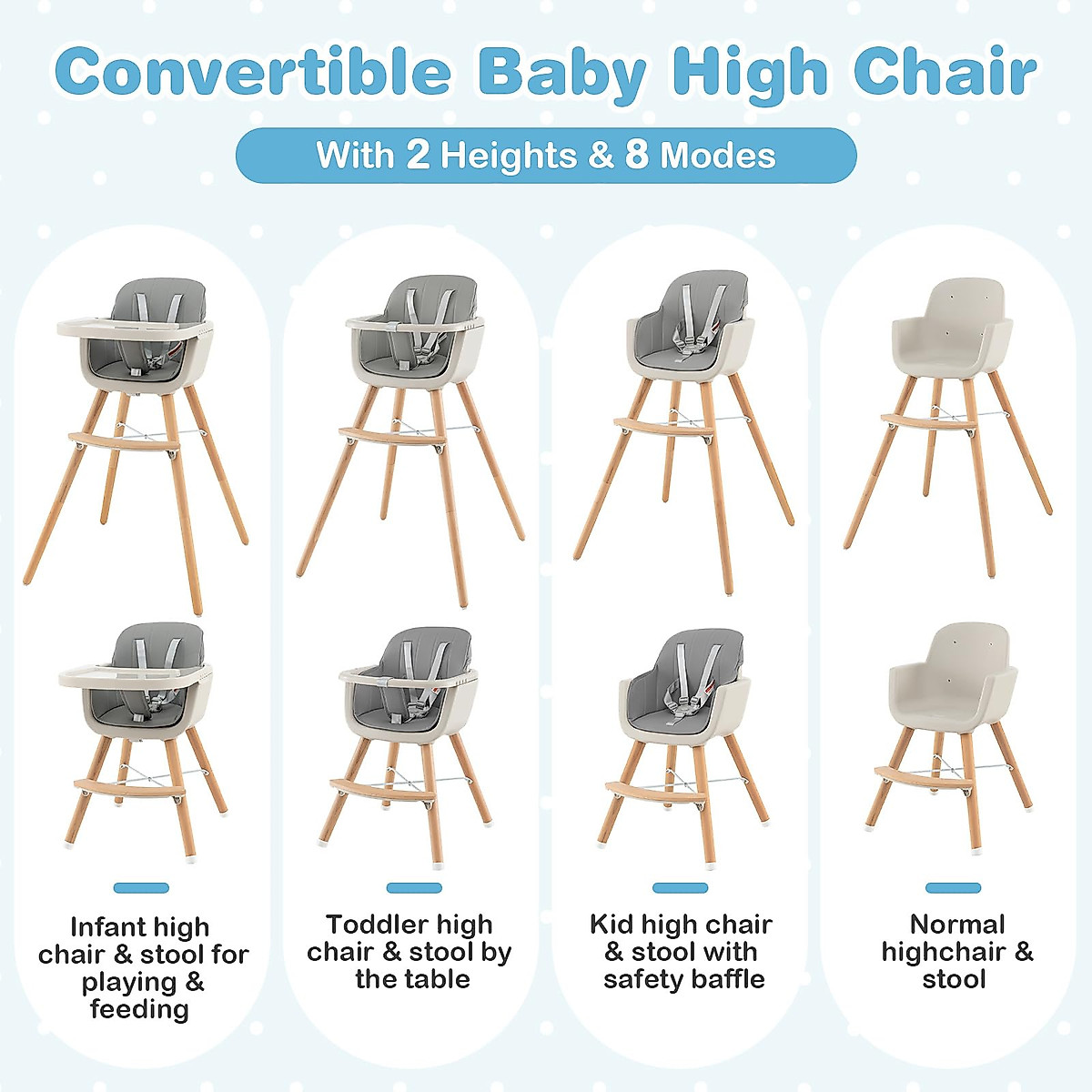 HONEY JOY High Chair, 3-in-1 Eat & Grow Wooden Highchair/Toddler Chair with Removable Tray, 5-Point Harness, PU Cushion and Footrest for Baby, High Chair for Babies and Toddlers(Gray)