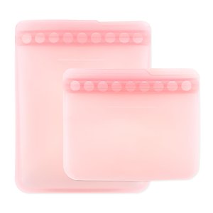 Bumkins Silicone Reusable Sandwich and Snack Bags, Storage, Food Prep, Lunch Bag, Washable Zip Bag, Microwave, Freezer and Dishwasher Safe, Travel, Leak Resistant, Sticky Lining Locks Out Air (Pink)
