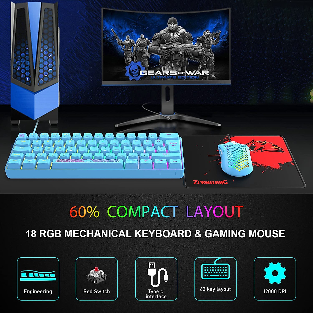 GK61Pro Mechanical Gaming Keyboard and Model Mouse Combo,Wired 18 Chroma RGB Backlit 62key Anti-ghosting Honeycomb Gaming Mouse 12000 DPI Ergonomic for Windows PC Gamers Typists（Blue/Blue Switch）