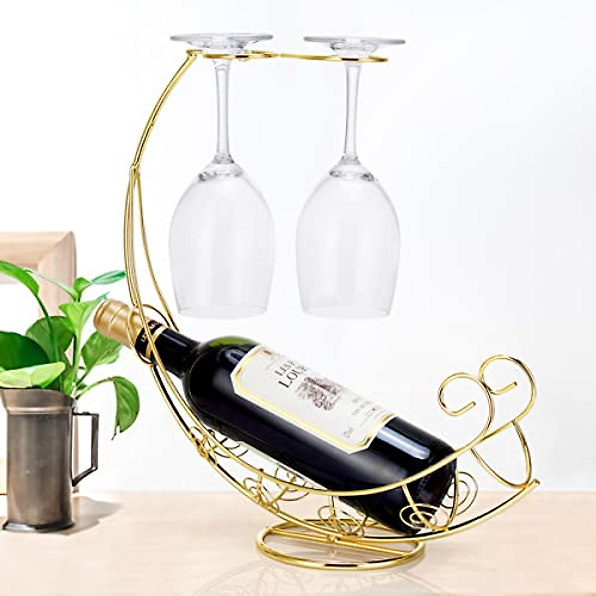 Homya Tabletop Metal Wine Bottle Rack Elevated Vertical Countertop Wine Glass Display Organizer, Dining Table Offers Wine Glasses as Gifts, Holds 1 Bottle 2 Glasses, Plating Craft Gold Glod
