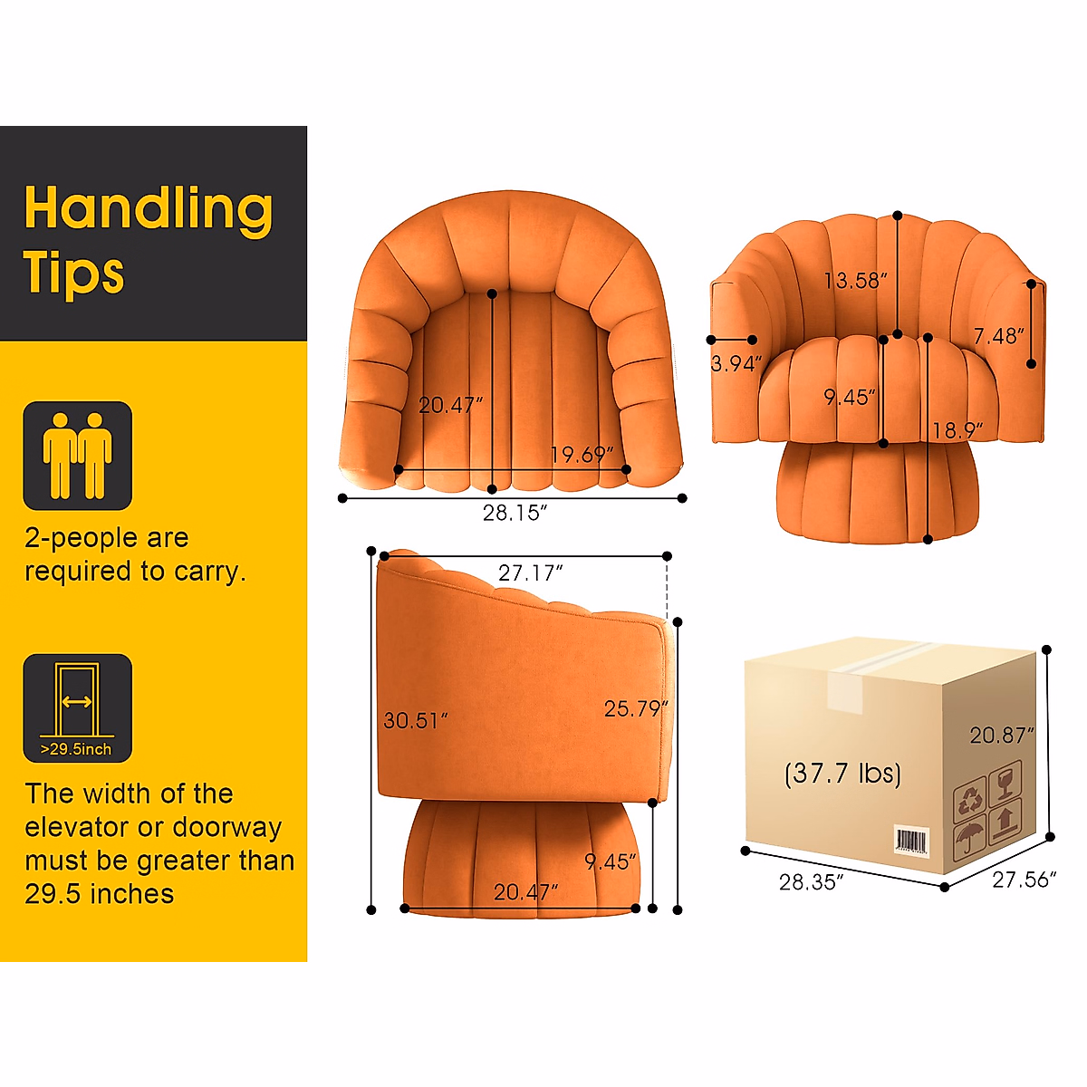 Accent Chair Mid Century 360 Degree Swivel Chair,Modern Lounge Sofa Round Barrel Chair with Wide Upholstered,Fluffy Velvet Fabric Chairs for Home Sofa Living Room/Bedroom/Waiting Room (Orange)