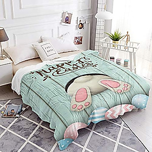 Happy Easter Flannel Fleece Throw Blanket Soft Blankets,40x50In Cute Bunny Tail Stripes Eggs Lightweight Micrifiber Blanket for Kid/Teen/Men Bedroom, Living Room Couch Sofa Teal Wooden Grain