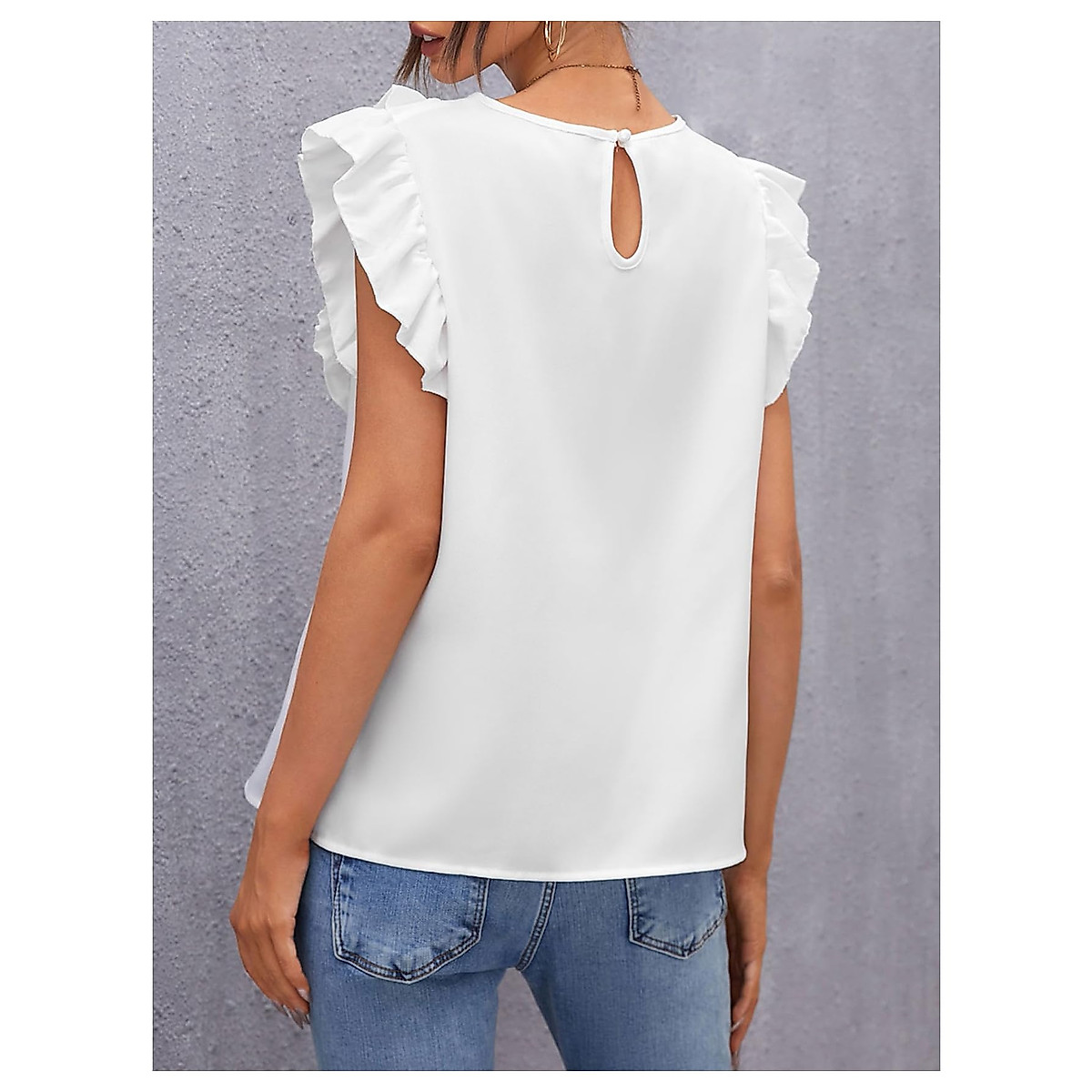 Milumia Women Elegant Ruffle Trim Butterfly Sleeve Blouse Round Neck Work Shirt Top White Large